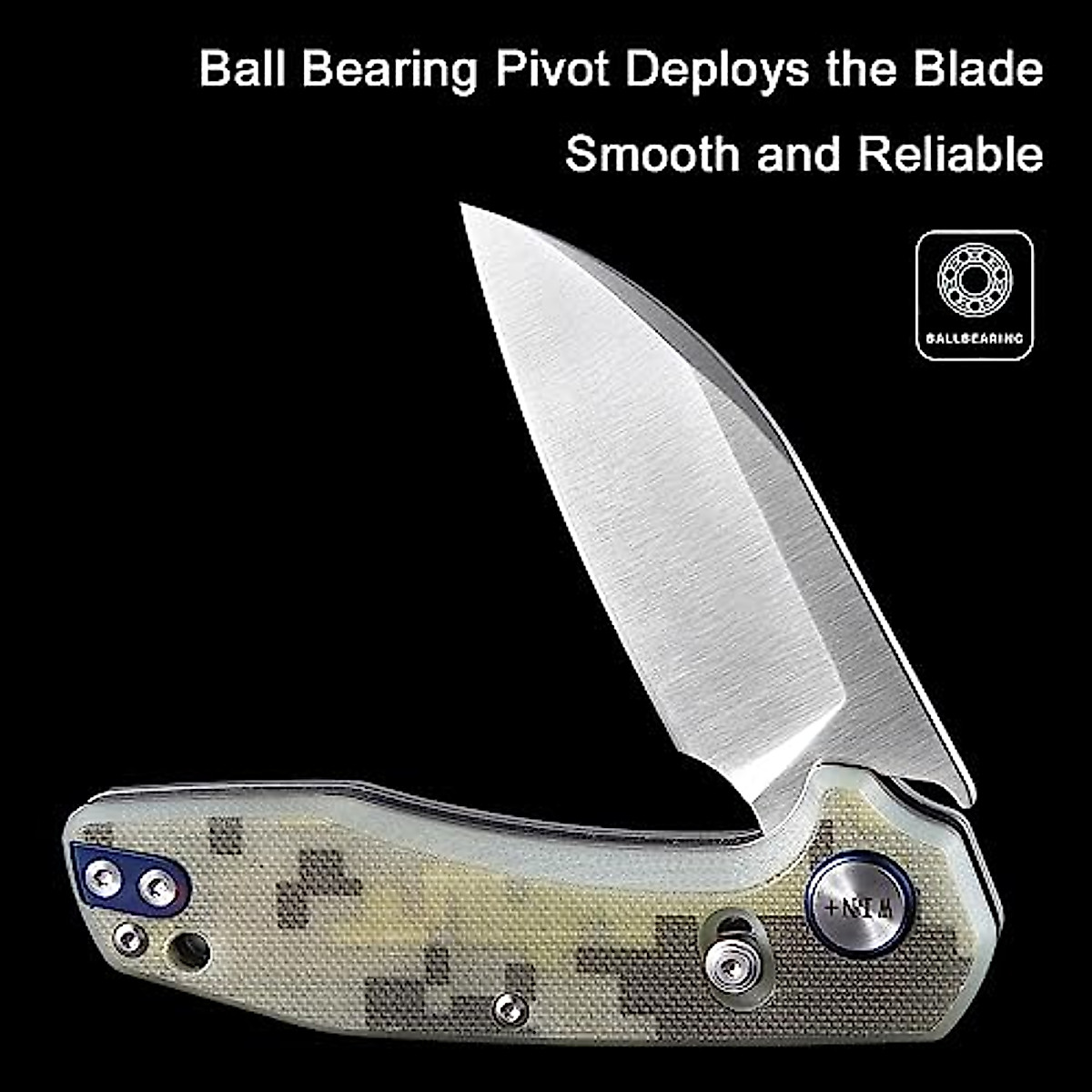 WIN+ Pocket Knife, Folding Knife with Button Lock, EDC Knife with Axis Lock and Ball Bearing, D2 Tactical Knife with G10 Handle, Survival Knives for Camping W3435 (B-Camo-G10)