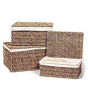 Set of 3 Rectangular Seagrass Baskets with Lids and Removable Fabric Liners by Trademark Innovations (Small)