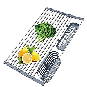 XL Extra Large Expandable Roll Up with Storage Basket 22.8" x 12.7" Over Sink Dish Drying Rack Multi-Purpose Kitchen Rolling Dish Drainer Foldable Stainless Steel Dish Drying Rack for Kitchen
