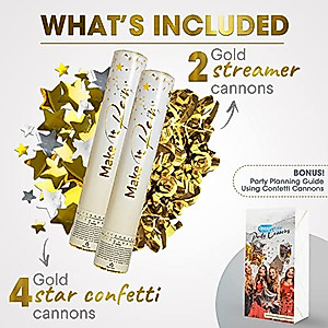 Gold Confetti Cannons - 6 Pack - Party Poppers Confetti Shooters | 2x Streamer Poppers and 4x Star Confetti Poppers Bulk | Gold Confetti Popper | Confetti Blaster for Birthday, Photo and Graduations