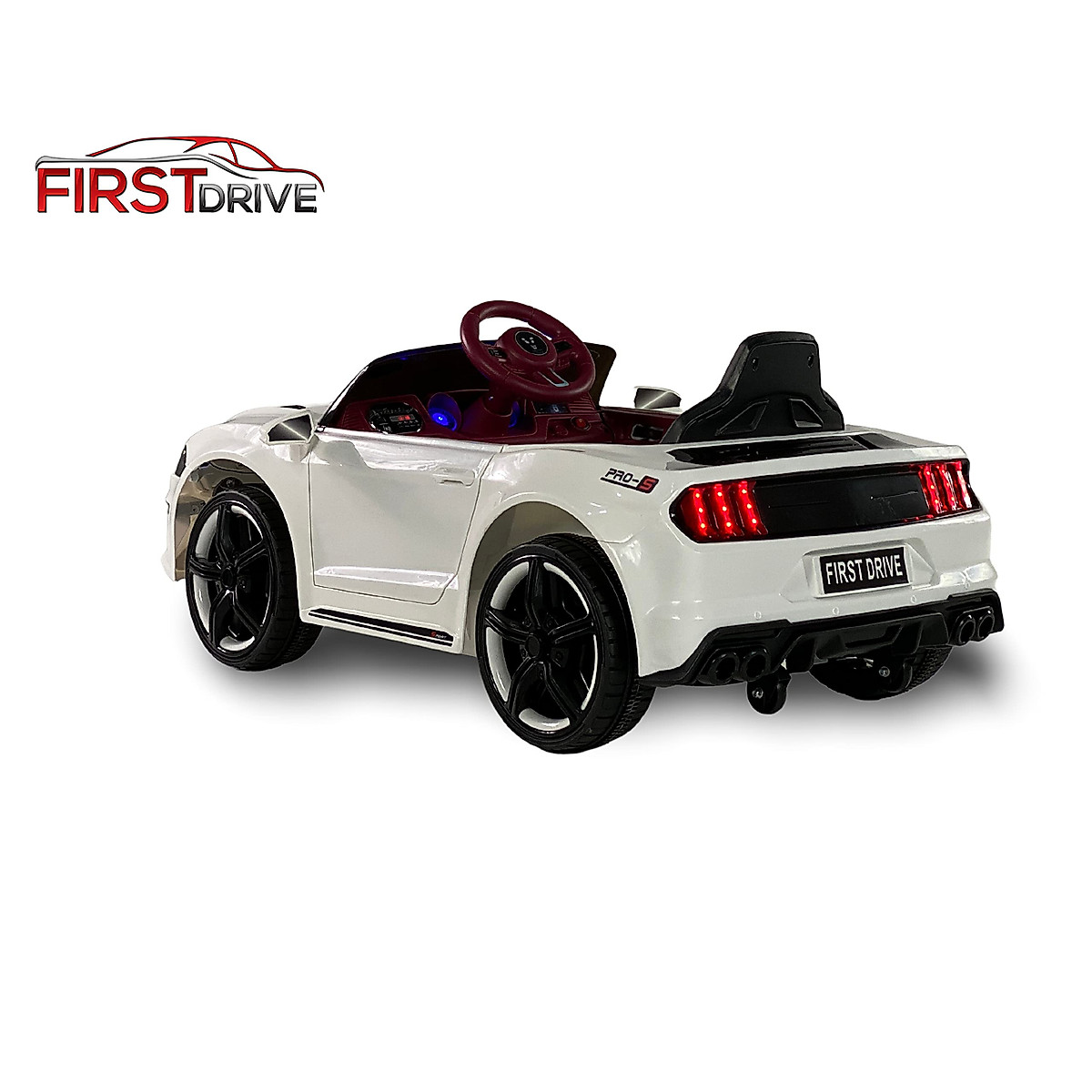 First Drive Mustang - Ride on Car - Electric Car for Kids - Kids Car with Parent Remote, MP3 Music Playback, AUX Port, Spring Suspension, LED Lights, Rear Wheel Drive, for Boys/Girls (White)