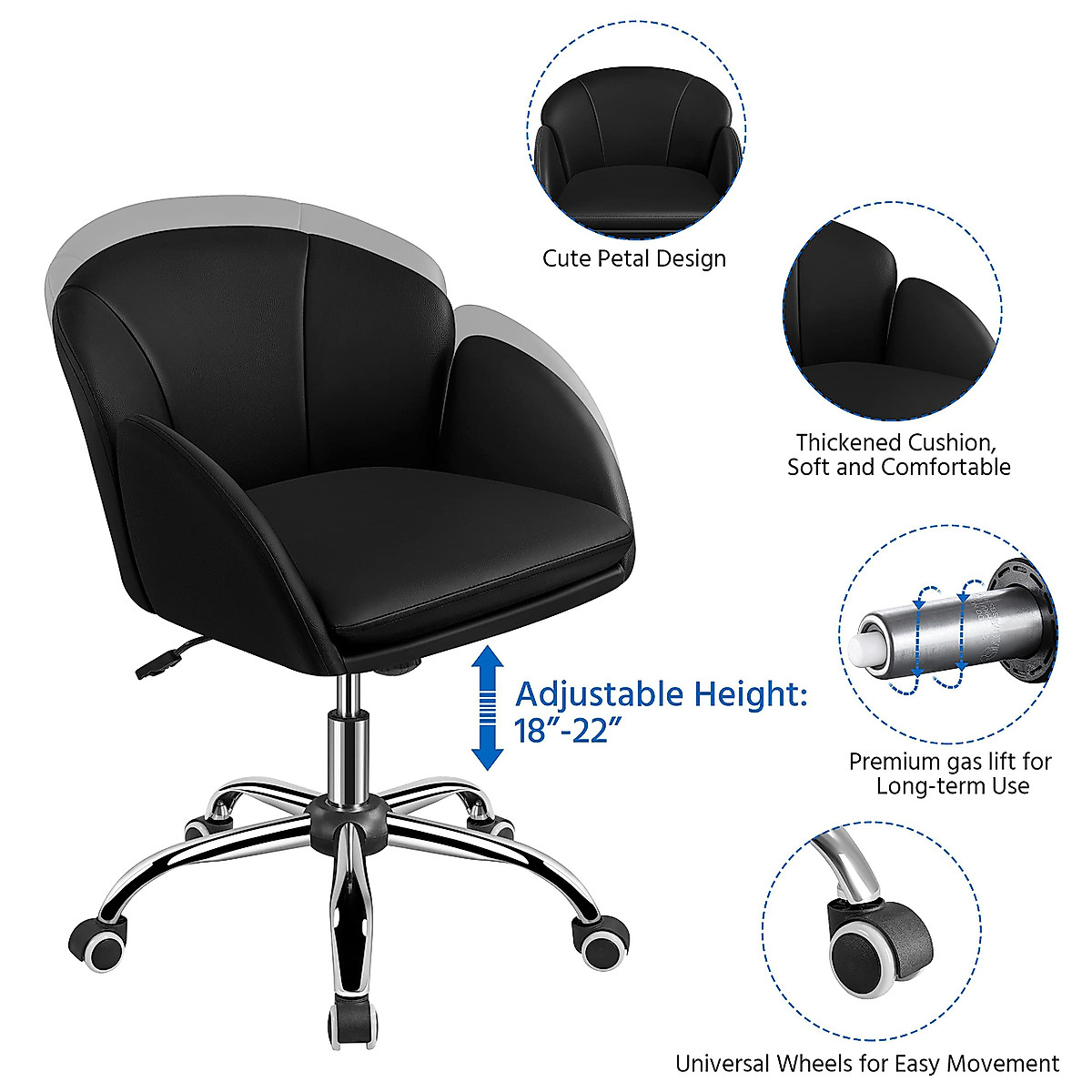 Yaheetech Cute Petal Desk Chair Home Office Chair Swivel Leather Desk Chair Makeup Vanity Chair with Armrests for Bedroom Modern Computer Rolling Chair for Women Black