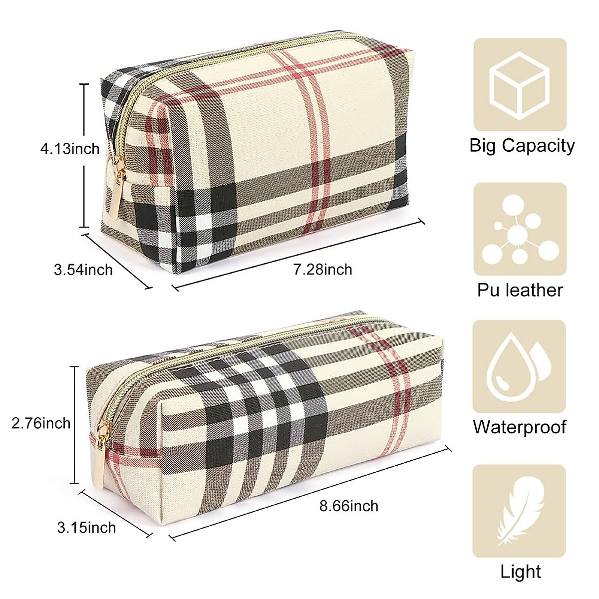 MAANGE Small Makeup Bag for Purse, 2 PCS Cosmetic Bag for Women Travel Makeup Pouch Leather Make up Bag Portable Zipper Pouch Makeup Brushes Bag - khaki plaid