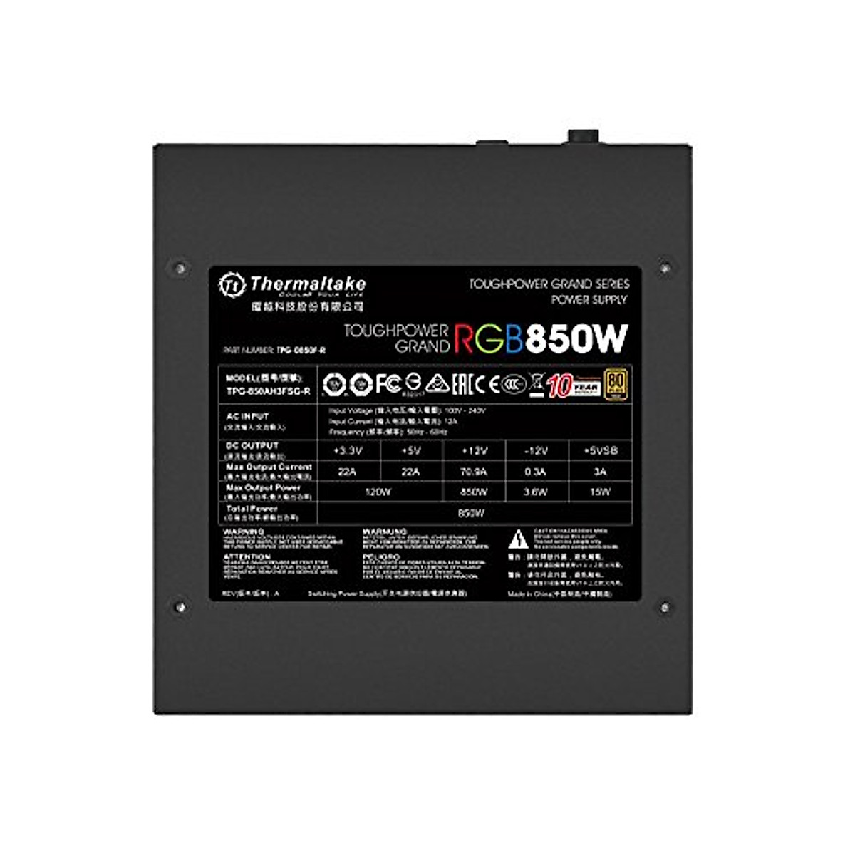 Thermaltake Toughpower Grand RGB 850W 80+ Gold Smart Zero 256-Color RGB Fan Fully Modular Power Supply 10 Yr Warranty PS-TPG-0850FPCGUS-R