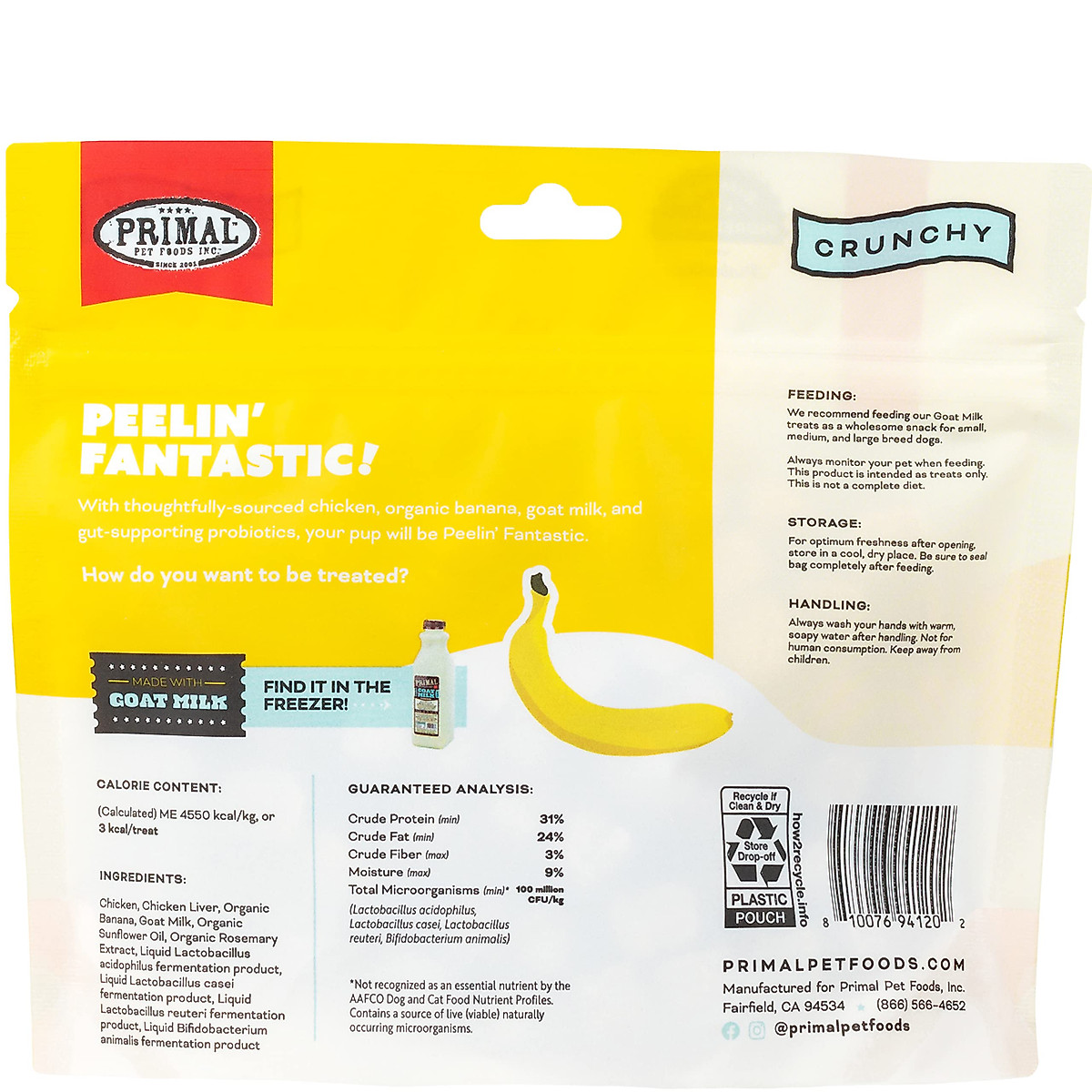 Primal Freeze Dried Dog Treats; Chicken & Banana Dog Treats with Goat Milk for Dogs, Peelin' Fantastic, Grain Free Training Treats for Dogs with Probiotics, 2 oz