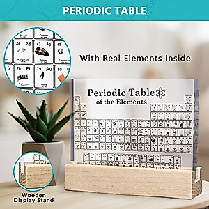 MegaBox Periodic Table Of Elements with 83 Real Elements, Acrylic Periodic Table Display With Wooden Stand, 6x Chemistry Formula Reference Cards, Science Teacher Gift Classroom Decoration