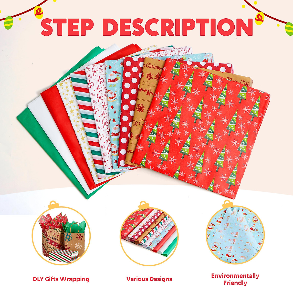 Joiedomi 150 Sheets Christmas Tissue Paper Assorted Design; Easy and Fast Gift Wrapping Accessory Perfect for present Boxes, Xmas Gift Wrapping Bags and Wine Bottles