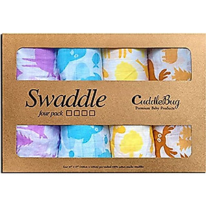 CuddleBug Muslin Baby Swaddle Blankets for Boys and Girls Size Large 4 x 4 Feet – Muslin Cotton 4 Pack (Colorful Critters)