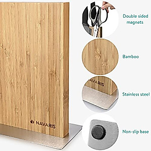 Navaris Wood Magnetic Knife Block - Double Sided Wooden Magnet Holder Board Stand for Kitchen Knives, Scissors, Metal Utensils - Bamboo, 8.9 x 8.7 in