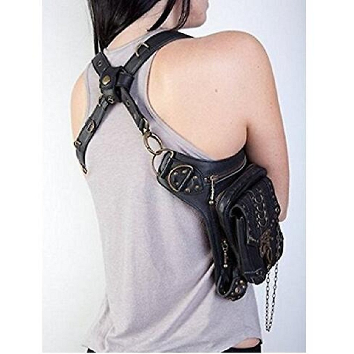 Wendin Rock Leather & Vintage Gothic Retro Steampunk Handbag Victorian Style Shoulder Waist Bag Black