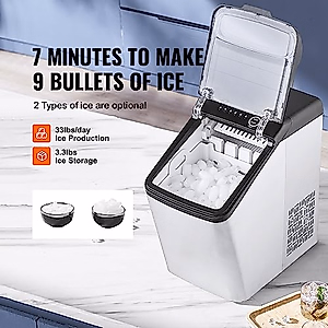 VEVOR Ice Maker Countertop, 33lbs in 24 Hours, Manual & Auto Refill Self Cleaning Countertop Ice Maker for Home Kitchen Camping Office, 9 Cubes Ready in 7 Minutes, with Scoop and Basket