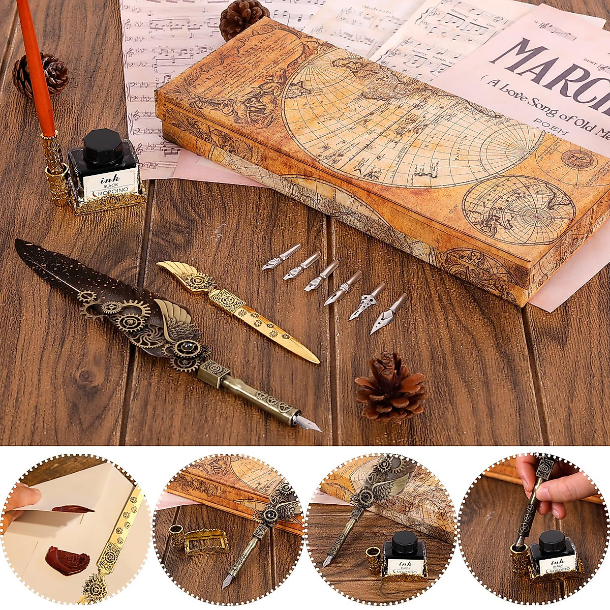 Quill Pen Calligraphy Pen Set - Antique Mechanical Steampunk Style -Mechanical Design Feather Pen with Wooden Dip Pen for Fun Writing Experience. Quill Pen Ink Set is a Basic Calligraphy Kit.(Grey)
