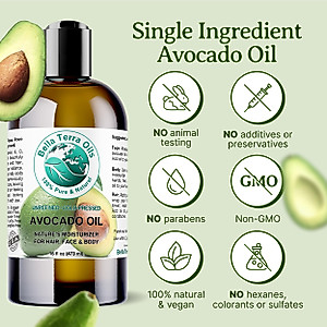 Bella Terra Oils - Avocado Oil 16 oz - Harness The Nutrient Power of Pure Avocado, High in Antioxidants & Omega-3, Luxurious Carrier Oil Experience