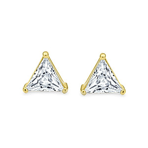 Triangle Shape Cubic Zirconia AAA CZ Trillion Cut Stud Earrings For Men Women Yellow Gold Plated .925 Sterling Silver 3 Prong Set 6 MM