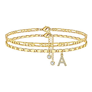 Ursteel Ankle Bracelets for Women, A Initial Anklet 14K Gold Plated Dainty Adjustable Layered Chain CZ Letter A Initial Anklets Set Summer Jewelry Gifts Anklets for Women