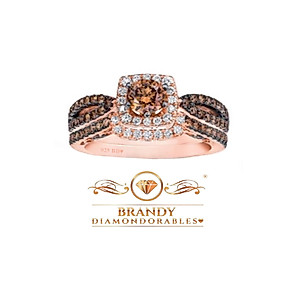BRANDY DIAMONDORABLES♥ 18K Rose Gold Silver Chocolate Brown Solitaire Princess Halo Bridal Love Ring Set 2 Ctw.