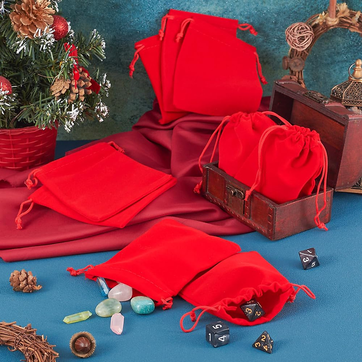 FASHEWELRY 50pcs Small Drawstring Velvet Bag 4.7x4 inch Jewelry Gift Pouches Red Party Wedding Favor for Candy Ring Dice Watch Packing Keepsakes