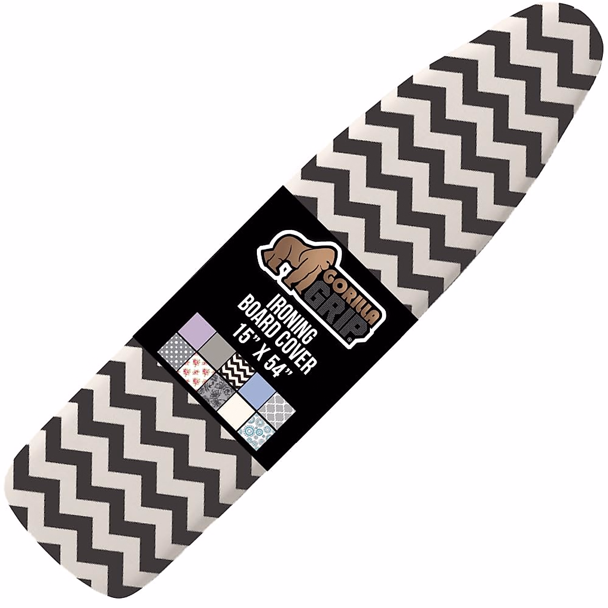 The Original GORILLA GRIP Ironing Board Cover, Silicone Coating, Full Size Scorch Resistant Padding, Elastic Edge, Iron Pad Covers Standard Boards, Hook and Loop Fastener Strap, Chevron Black Linen