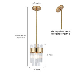Gold Pendant Lights Kitchen Island,1-Light Crystal Pendant Light Fixtures Over Island,Modern Brass Mini chandelier for Dining Room, Adjustable Cord Hanging Lights for Bedroom,Bar,Sink,Entryway