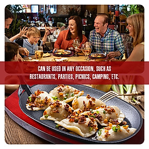 Mifoci 12 Pieces Oval Cast Iron Fajita Skillet Pan Set Small Sizzling Steak Plate with Wooden Base and Handle Cast Iron Fajita Skillet Sizzling Plate for Home Restaurant Barbecue Picnic Wedding