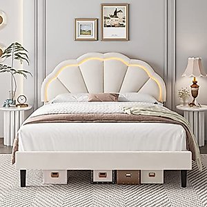 HIFIT Queen Upholstered Smart LED Bed Frame with Adjustable Elegant Flowers Headboard, Platform Bed Frame Queen Size with Wooden Slats Support, No Box Spring Needed, Easy Assembly, Beige