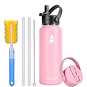 SYACOT 32 oz 40 oz 64 oz Stainless Steel Water Bottle, Insulated Double Wall Vacuum Leak Proof Water Flask, Metal Thermo Canteen Mug —Wide Mouth with 2 Straw Lids (40 oz, Pink)
