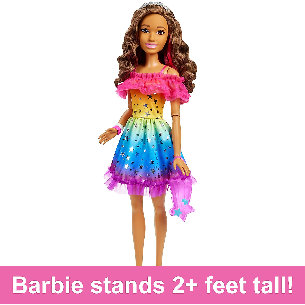 Barbie Large Doll with Brown Hair, 28 Inches Tall with Rainbow Dress & Styling Accessories Like Shooting Star Handbag