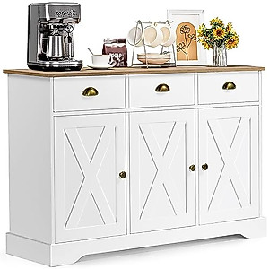 4 EVER WINNER Coffee Bar Cabinet, 47” Kitchen Buffet Storage Cabinet with 3 Drawers & 3 Barn Doors, Farmhouse Buffet Cabinet with Storage Server Console Table for Entry Dining Room, White