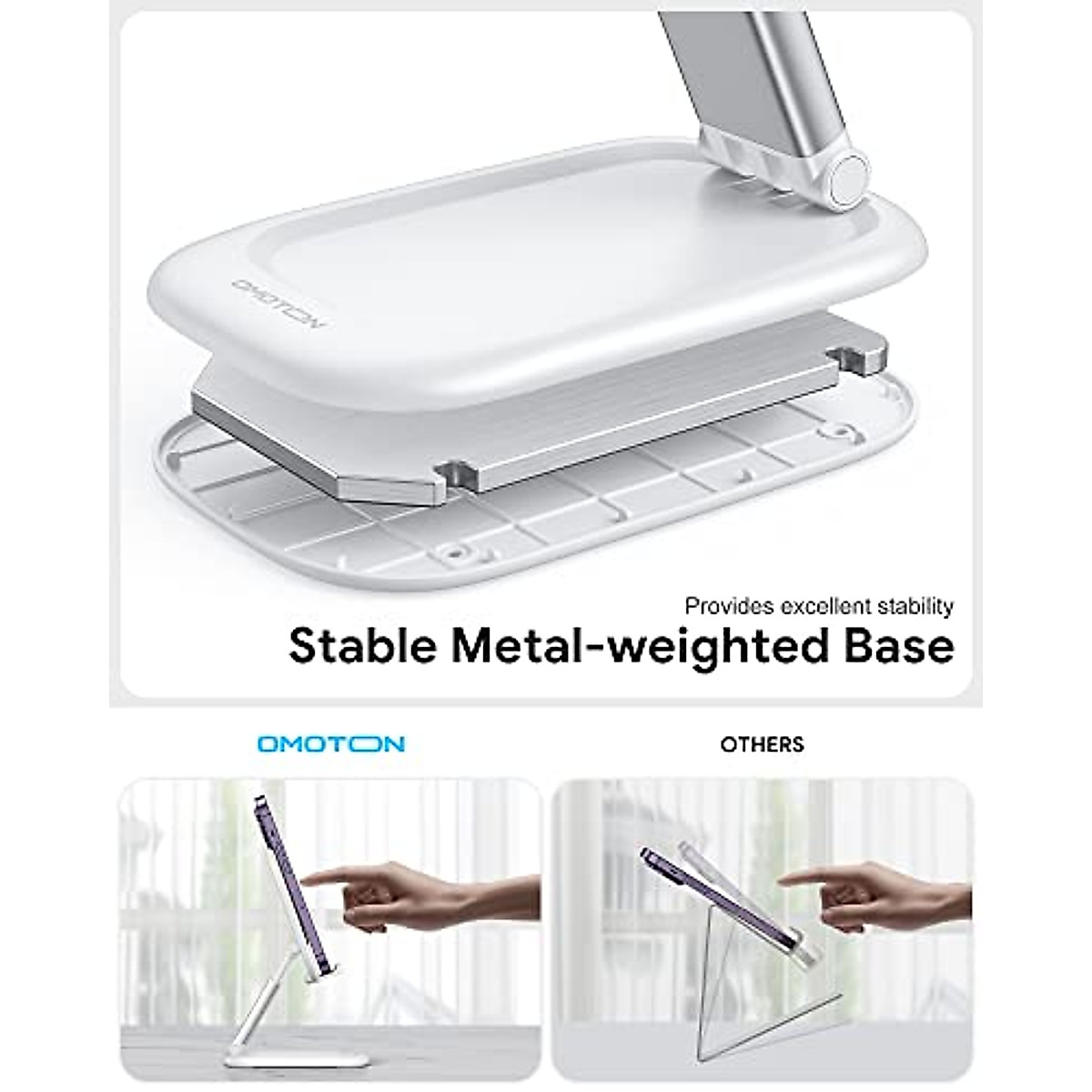 OMOTON Foldable Cell Phone Stand, Fully Portable Phone Stand for Deak Cell Phones Accessories, Height Adjustable Mobile Phone Holder Stand with Charging Hole, Compatible with All Smart Phones, White