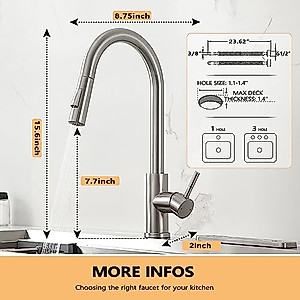 SATICO Single One Hole Single Handle Kitchen Faucet Brushed Nickel Faucet with Pull Down Sprayer Sink Faucet F80105BN Modern Contemporary Faucet in Stainless Steel & Brass cUPC NSF CEC Certified