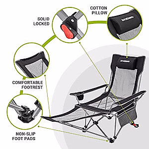 FUNDANGO Reclining Camping Chair 3-Position Adjustable Folding Lounge Chairs with Footrest for Adult Support Up to 300lbs, Suit for Lawn,Office,Backyard,Camping,Concert,Garden(Black/MediumGrey)