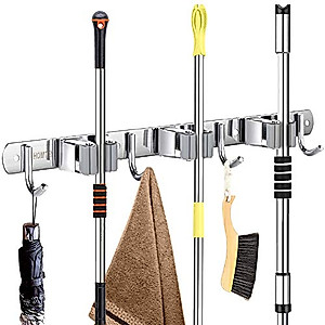 Broom Mop Holder Wall Mount 16" Installation Broom Mop Hanger Organizer Stainless Steel 3 Racks 4 Hooks for Bathroom Kitchen Office Closet Garden