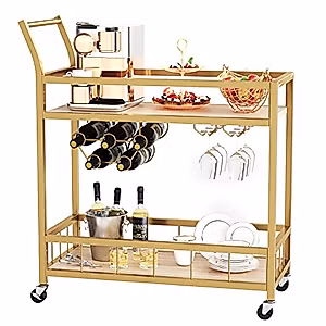 Furmax Home Industrial Serving Mobile Bar Cart on Wheels with Wine Rack and Glass Holder 2 Wood Storage Shelves for Living Room, Kitchen, Party (Gold)