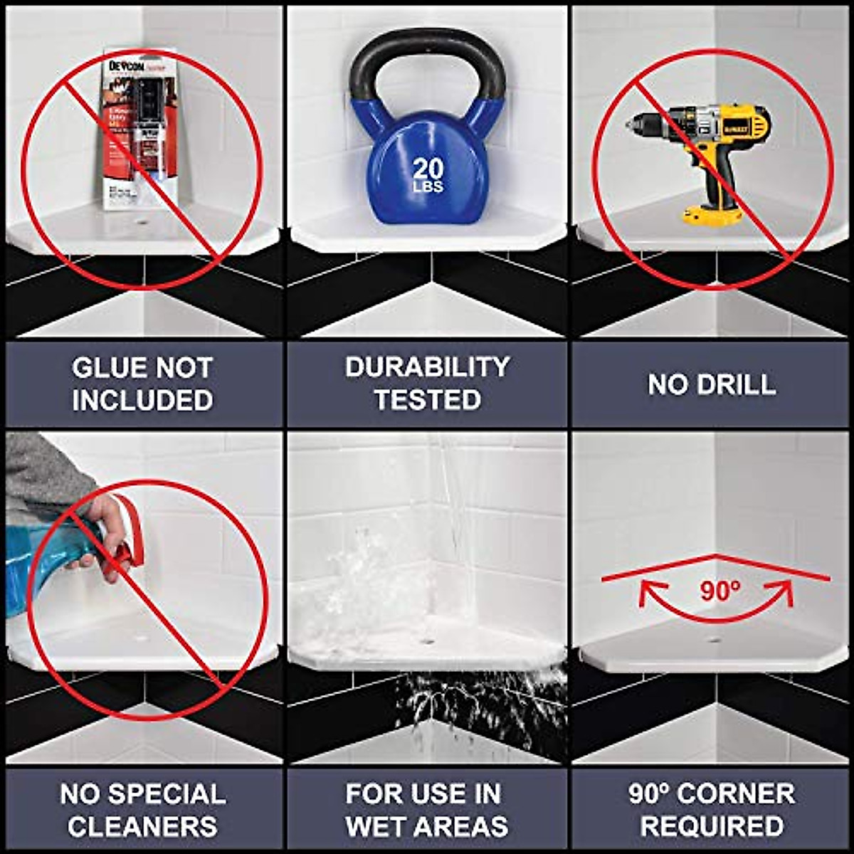 Questech Décor 8 Inch Corner Shower Shelf and 5 Inch Shower Caddy Soap Dish, Metro Flatback Wall Mounted Bathroom Shower Organizer, Bright White Polished