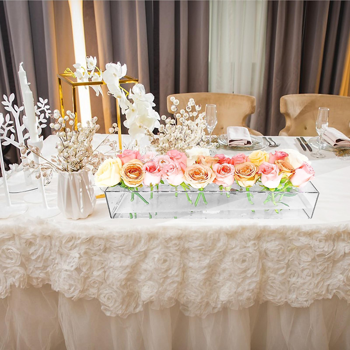 4Pcs Acrylic Flower Vase with 16 Holes,(15.8*4*2.4inch)Decorative Long Clear Vase Modern,Rectangular Acrylic Vases for Wedding Centerpiece Votives Box for Dining Table Reception Home Party Decorations