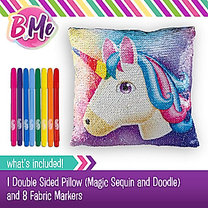 B Me Sequin Unicorn Pillow for Girls - Reversible Double Sided Rainbow Doodle Sequined Pillows - Bedroom Decor Art - Creative Magic Glitter Pillow with 8 Markers