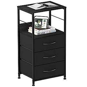 Black Nightstand with Drawer, Bedroom End Table Tall Night Stand for Living Room Side Table with 3 Fabric Drawers Modern Bedside Table with Storage Shelf for Office, Study