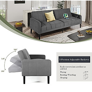 CHYMSUN 82" Convertible Futon Sofa Bed, Comfy Fabric Folding Sleeper Couch Bed w/USB & Adjustable Backrest, 3 in 1 Modern Foldable Recliner Loveseat Futons for Living Room, Apartment, Office (Grey)