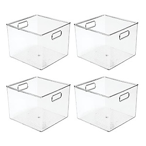 mDesign Plastic Modern Storage Organizer Bin Basket with Handles for Bathroom Organization - Shelf, Cubby, Cabinet, Vanity, and Closet Organizing Decor - Ligne Collection - 4 Pack - Clear