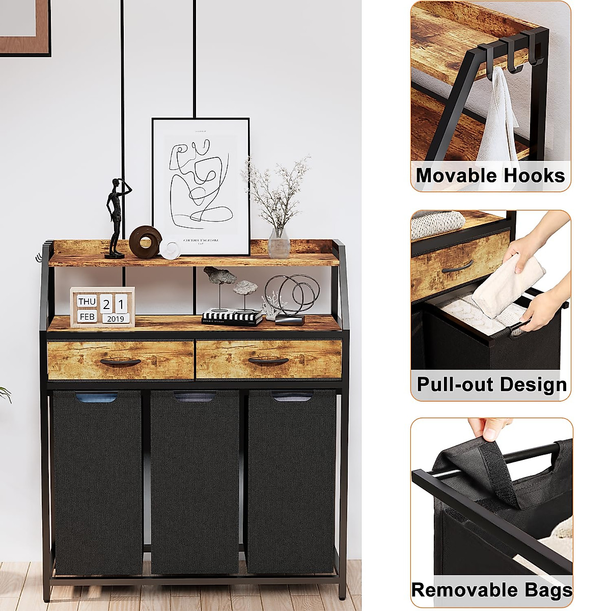 Timberer Laundry Hamper, Laundry Sorter 3 Section, Rolling Laundry Basket with Wheels, 2 Drawers, 2 Shelves, 3 × 14.5 Gal, Pull-Out and Removable Laundry Bags, Laundry Room, Black and Rustic Brown