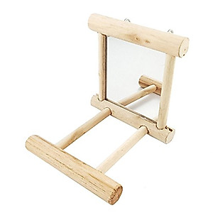 Bird Mirror Toy with Perch Stand for Parrot Budgie Parakeet Cockatiels Conure Finch Lovebird Canary African Grey Macaw Amazon Cockatoo Cage Wood Toy