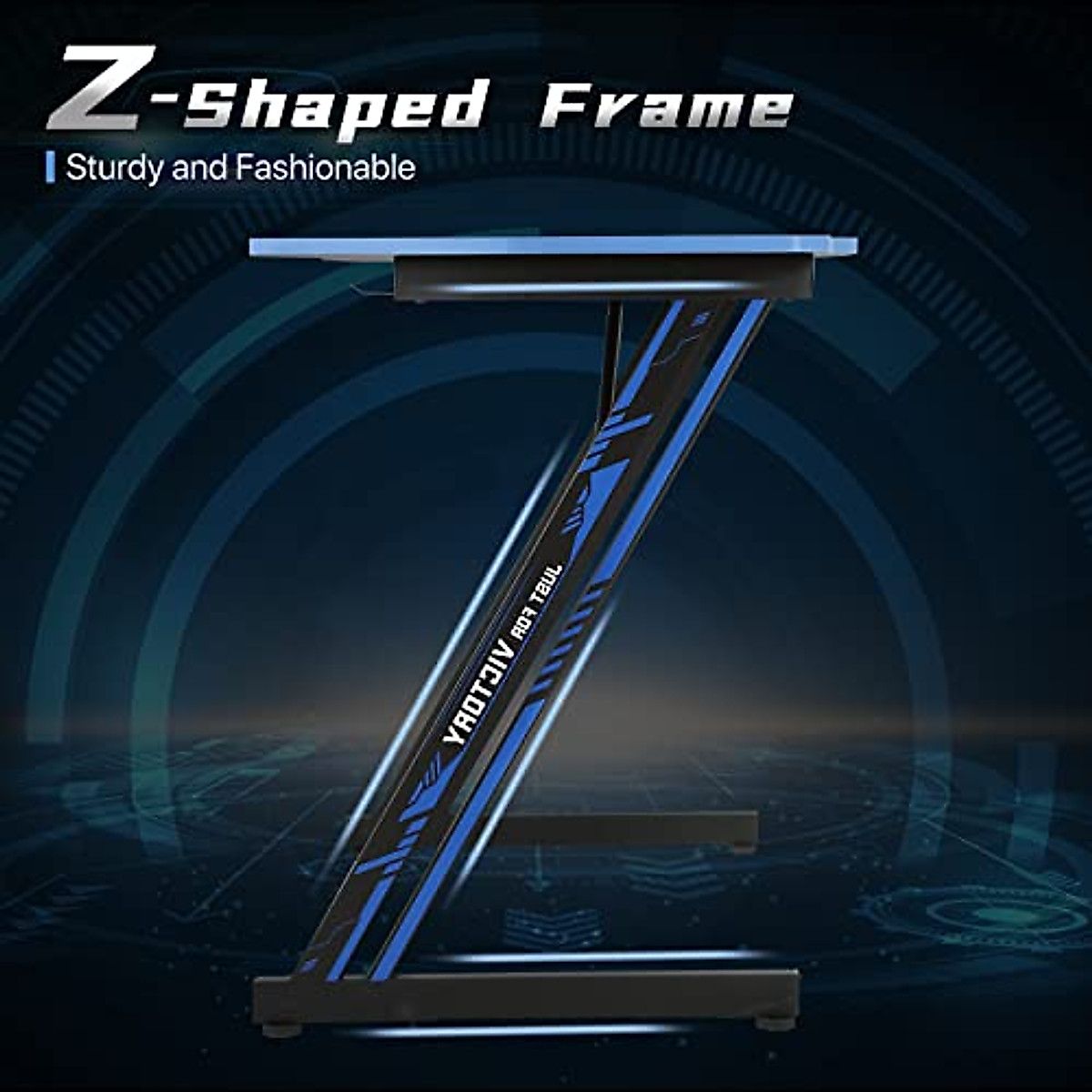 HKLGorg Gaming Desk 47 Inch Computer Desk Gaming Table Writing Table Modern Ergonomic Racing Style Home Office Desk Workstation Carbon Fiber Headphone Hook-Blue