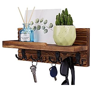 WeBravery Decorative Key Hanging Rack with 4 Double Hooks – Easy Install Natural Wooden Key and Mail Holder for Wall Mount – Entryway Decor Rack with Shelf