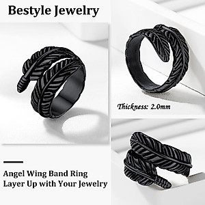 Bestyle Stainless Steel Black Feather Wrap Ring Guardian Wings Rings Stainelss Steel Band Rings Love Statement Jewelry Gifts for Women Men,Size 10