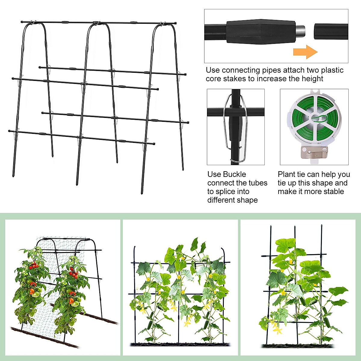 Cucumber Trellis for Garden Vegetable Trellis,63" x 63" U-Shaped Metal Garden Trellis Arch Plant Grow Support Frame for Climbing Plants Support Vegetable Flower Fruits Vine,with Nylon Netting(Black)