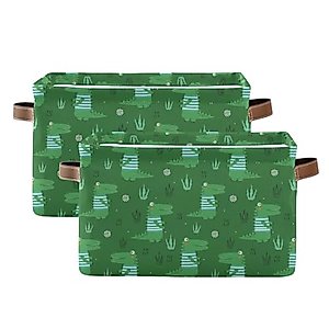 Green Crocodiles Leave Storage Basket Bins Sturdy Toy Storage Organizer Bins Laundry Basket with Handles for Living Room Clothes Nursery Closet Shelf Playroom,2 pcs