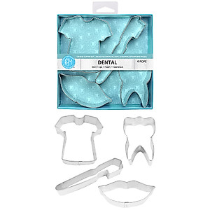 R&M International Dental Cookie Cutters, Scrub Shirt, Lips, Tooth, Toothbrush, 4-Piece Set