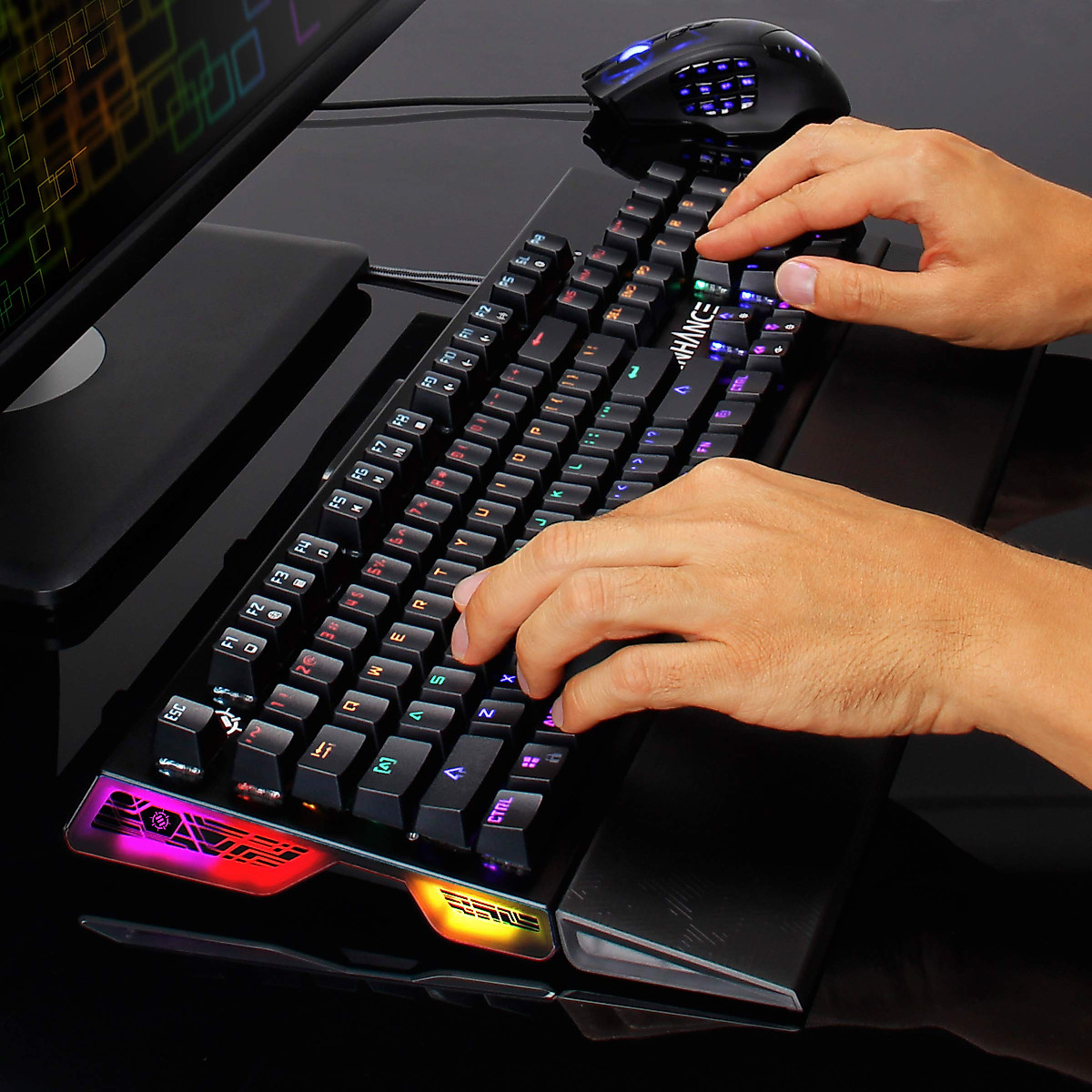ENHANCE Pathogen Gaming Keyboard - Blue Switch Mechanical Keyboard with Fast 0.2ms Polling, Water & Dust Resistant, NKRO & Anti-Ghosting, Removable Wrist Rest, Ergonomic Keyboard Rainbow LED 9 Effects