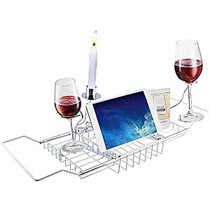 GOTOTOP Stainless Steel Tub Shampoo Bath Caddy Bathtub Caddy Tray, Stainless Steel Bathroom Bath Tub Table Caddy Tray Shelf with Extending Sides and Removable Wine Glass Book Holder Bath Organizer