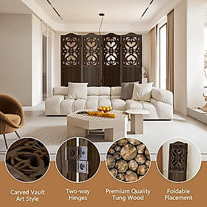 Leesinwing Room Divider, 4 Panel Room Divider, Tung Wood Room Divider Wall, Carved Vault Room Dividers, Rustic Minimalism Room Partition, 5.6Ft Room Dividers and Folding Privacy Screens, Dark Brown